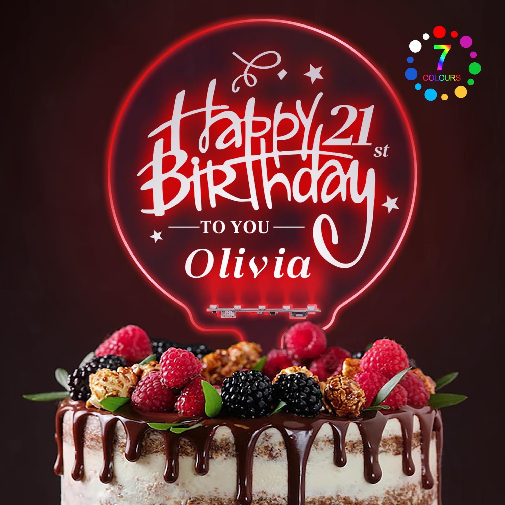 LED Personalized Happy Birthday Cake Toppers 7 Colour Changes Light Up Cake Topper Acrylic Cake Toppers Cake Decorations for 1st 16th 18th 20th 21st 30th 40th 50th 60th 70th(Design 2)