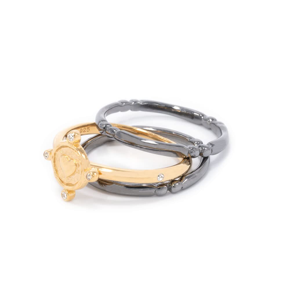 New Beginnings by Janyl Adair - Black Rhodium and Yellow Gold Plated .925 Sterling Silver White Zircon Set of 3 Stackable Stacker Rings - Size 7