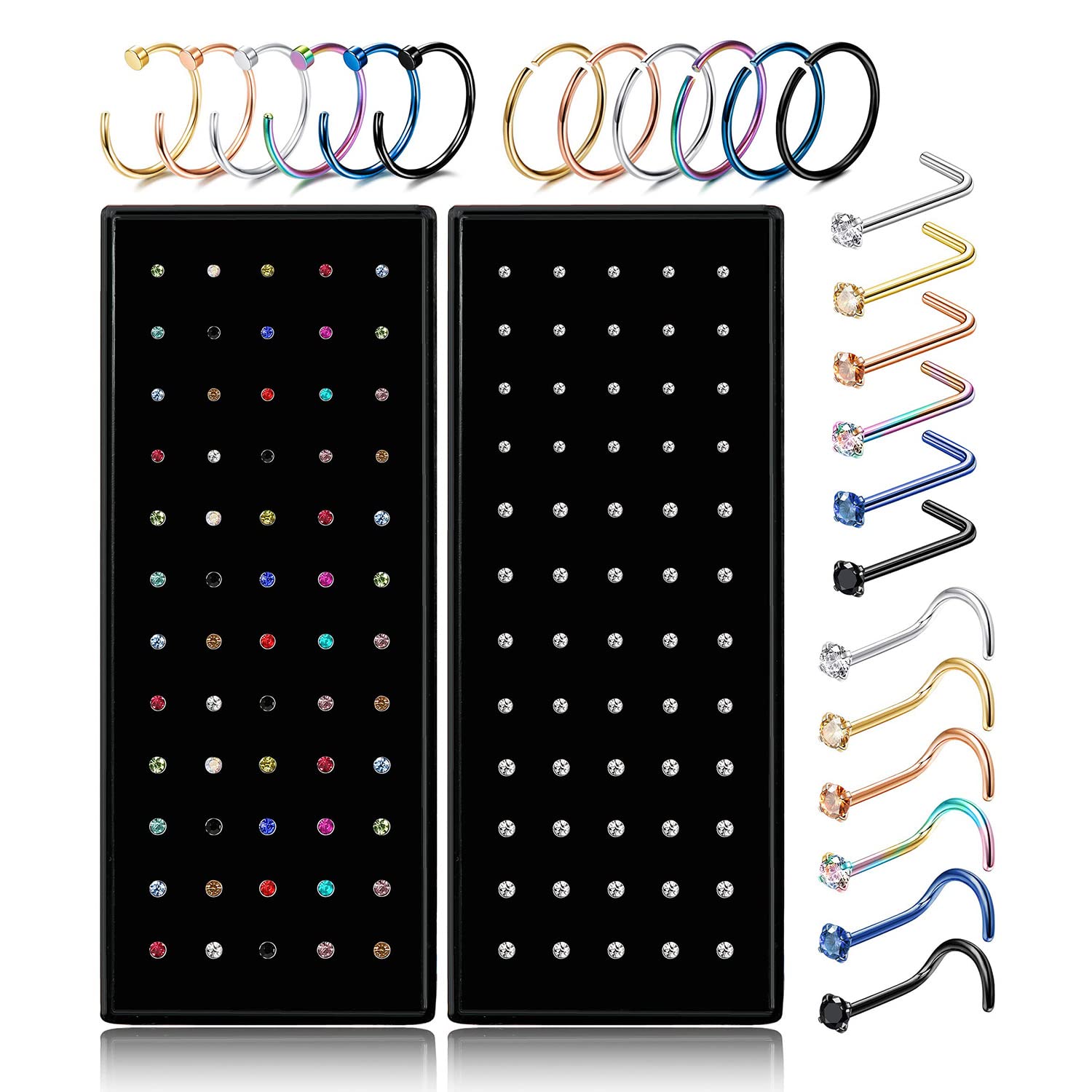 LOLIAS 144 Pcs Stainless Steel Hoop Nose Rings Nose Ring Stud Body Piercing Jewelry CZ Inlaid