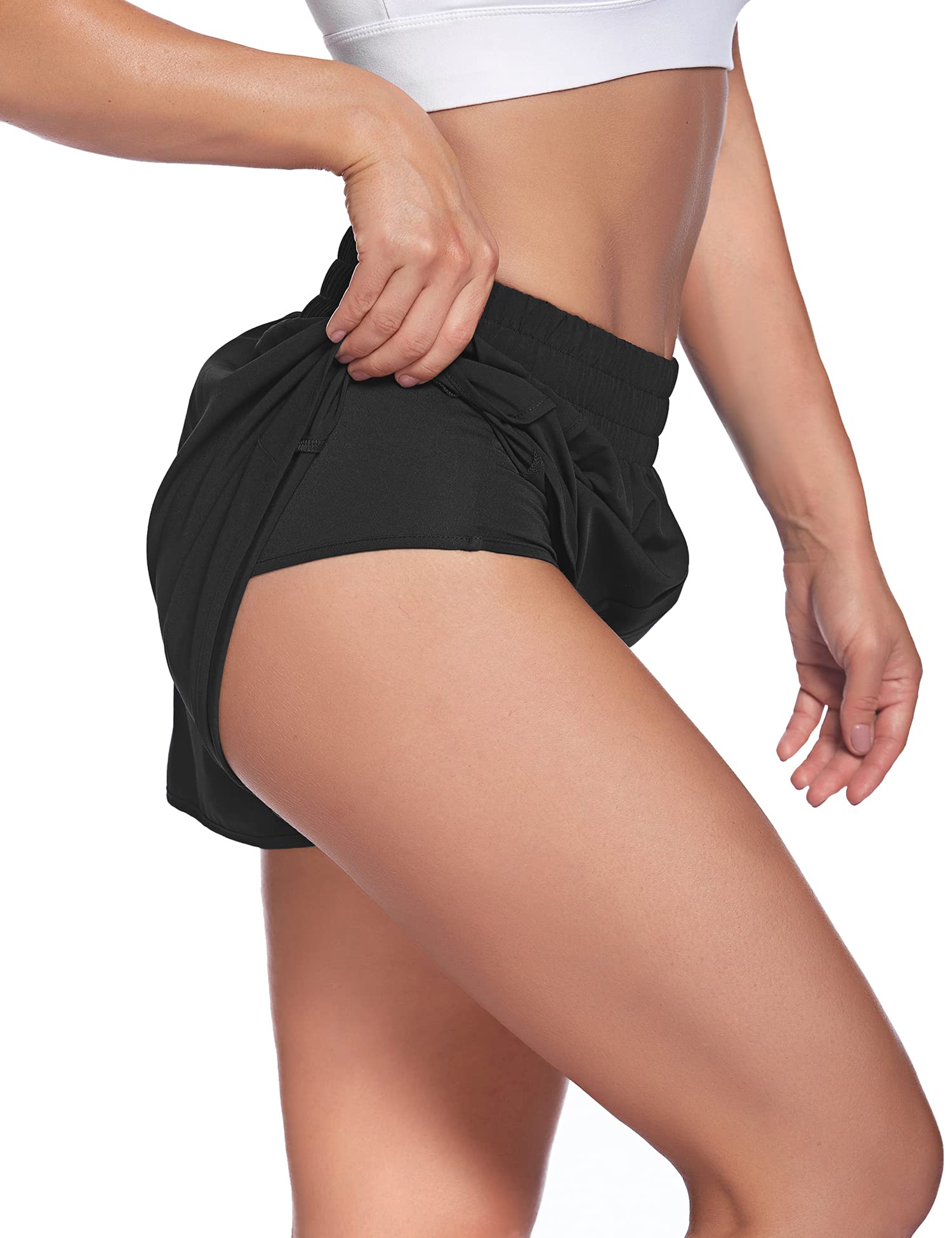 LaLaLa Womens Quick-Dry Athletic Shorts Sports Layer Elastic Waist Running Workout Shorts with Zip Pocket (M, Black)