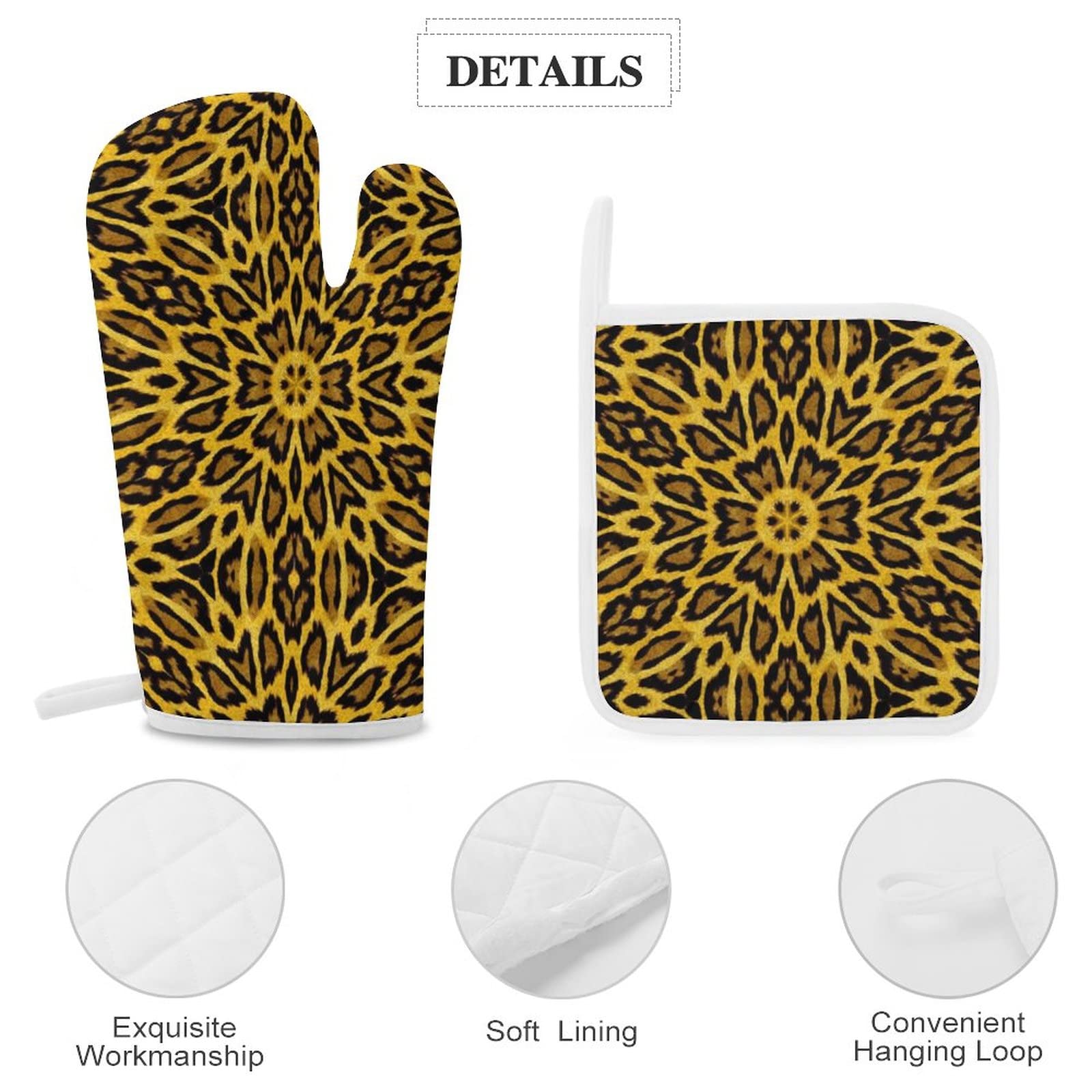 Oven Mitts and Pot Holders Sets for Safe BBQ Cooking and Backing, Animal Leopard Print Kitchen Insulated Pot Holder Pad with Heat Resistant Gloves, 4 Pieces, MBW100