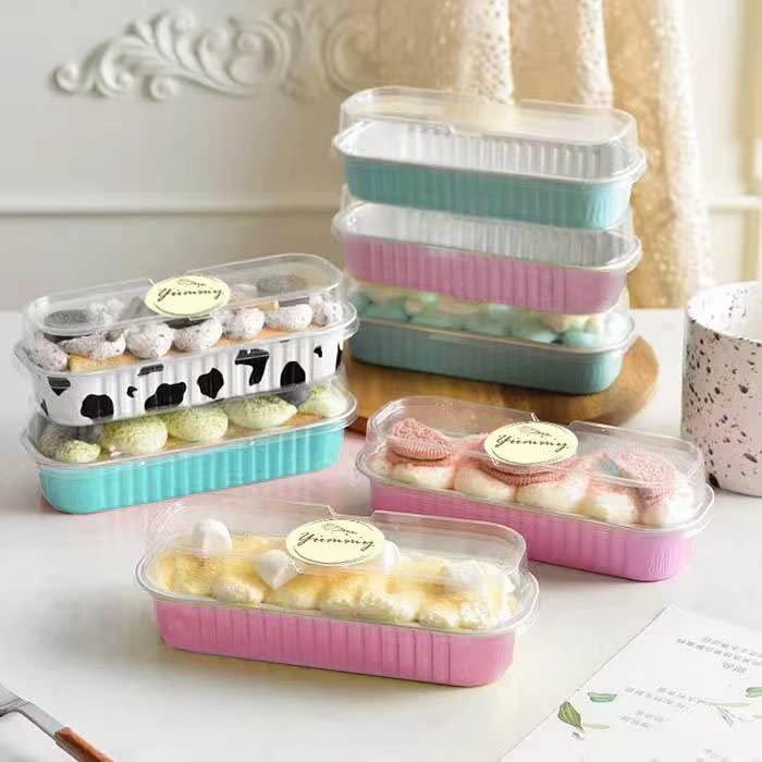 Mini Cake Tray Loaf Pans with Clear Lid 100 Packs, 6.8 oz Rectangle Baking Cup Disposable Muffin Tins Aluminum Foil Liner Brownie Mini Cake Bread Containers-Sky Blue/Spoons/Sealing Stickers