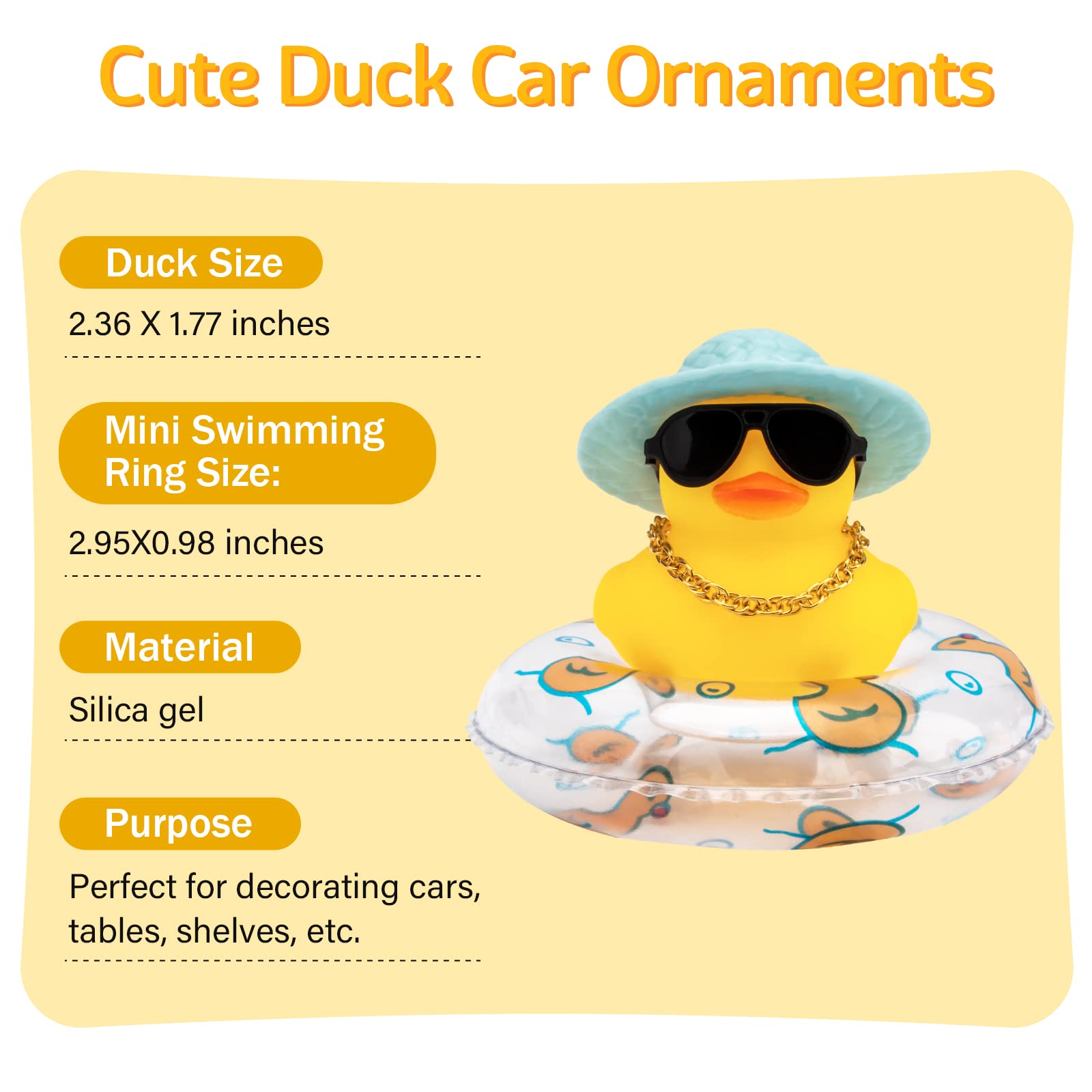 wonuu Car Rubber Duck Car Duck Decoration Dashboard Car Ornament for Car Dashboard Decoration Accessories with Mini Flower Hat Swim Ring Necklace and Sunglasses