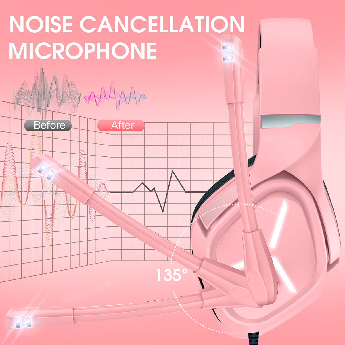 nulliplex Gaming Headset Xbox one Headset with Mic Stereo Gaming Headset, Noise Immunity Swivel Mic & LED Light, Suspension Headband PS4 VR Headphone Compatible with PC PS5 Xbox One (Rose)