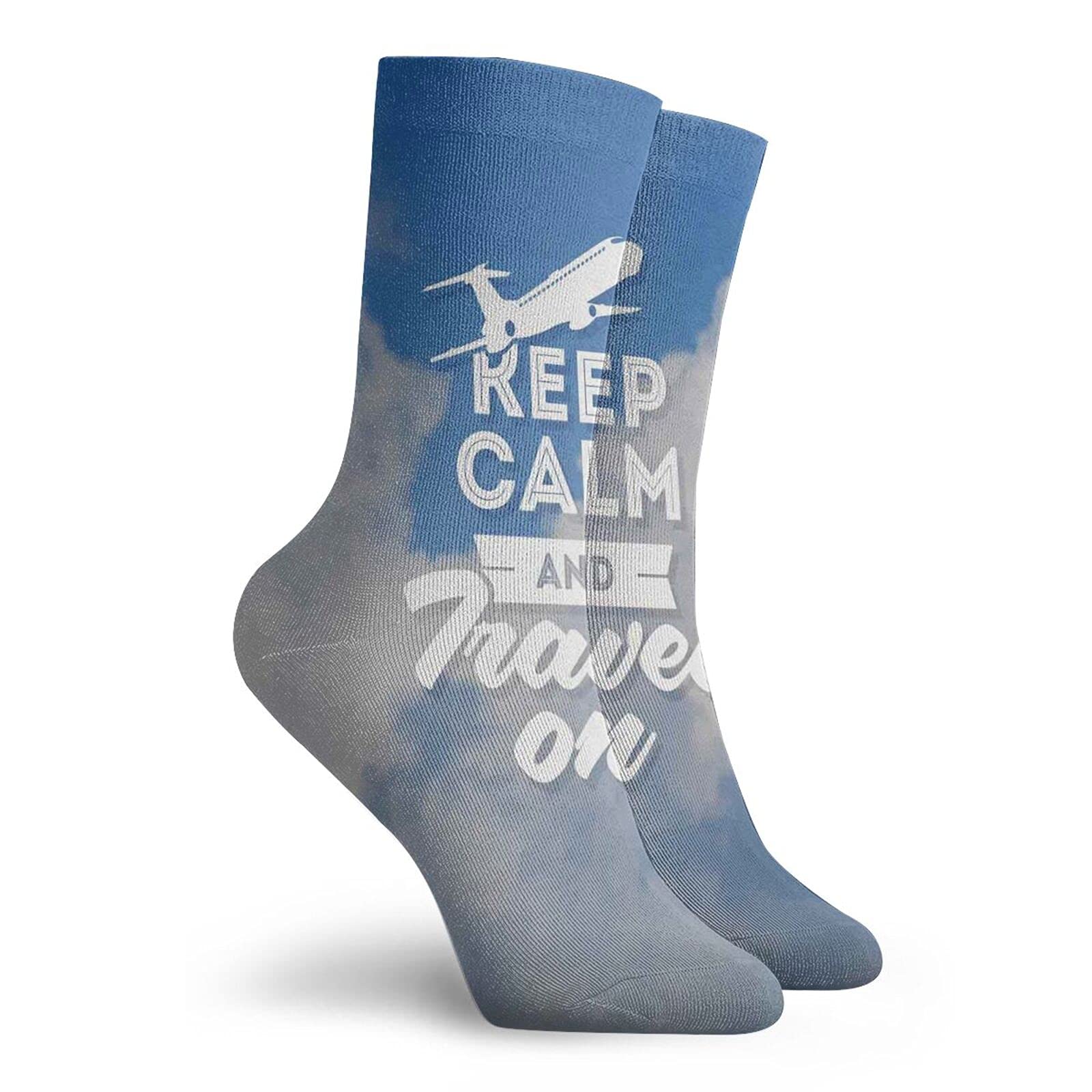 niBBuns Compression Socks Women and Men Aviation Theme Keep Calm And Trave On Message With Plane Icon And Clouds Socks Best for Circulation,Medical,Running,Athletic,Nurse,Travel