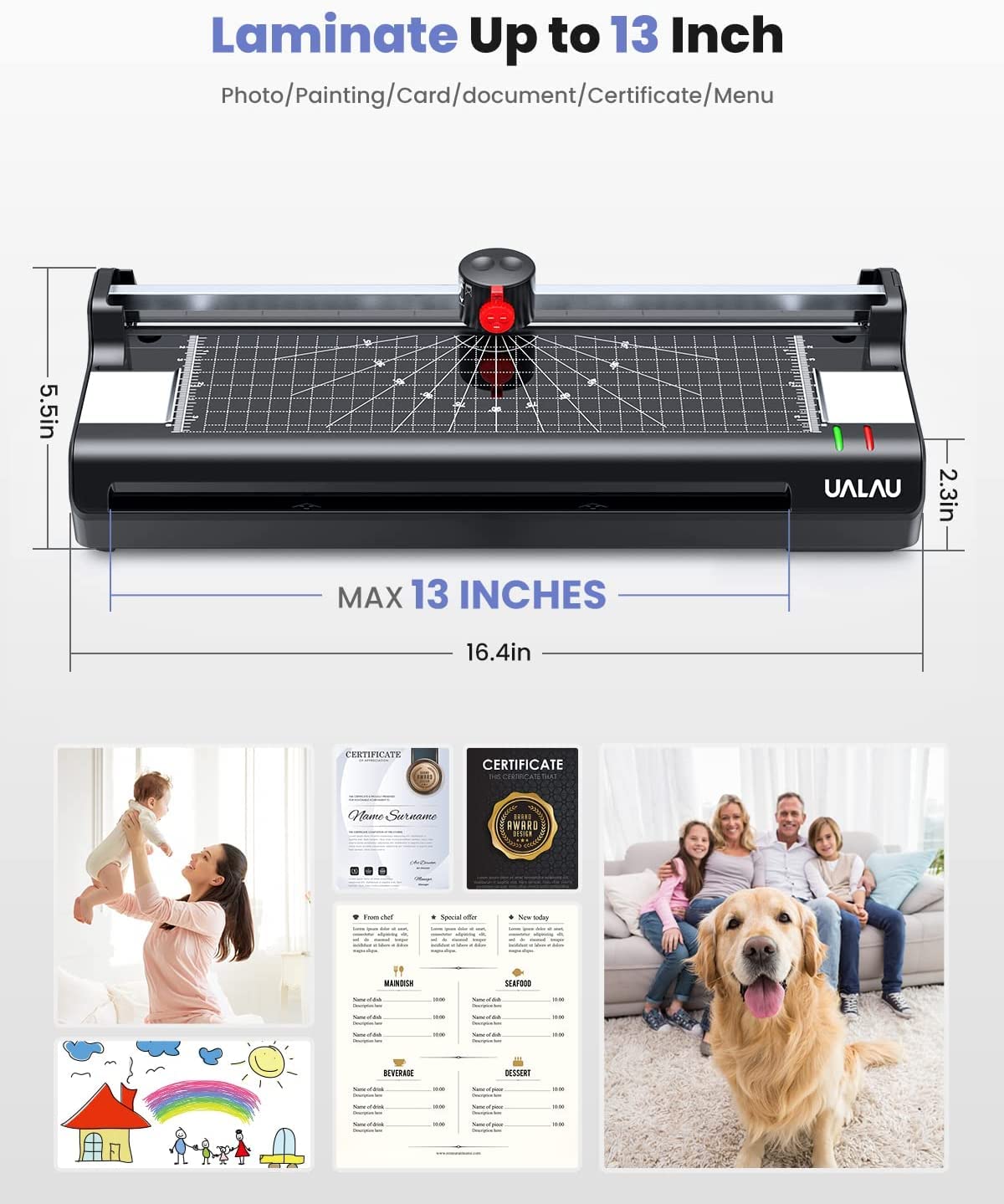 Laminator, Laminator Machine for A3/A4/A6, UALAU 7 in 1 Thermal Laminator with 20 Pouches, Paper Trimmer, Corner Rounder, Photo Frame, 13 Inches Laminating Machine for Home/School/Office Use