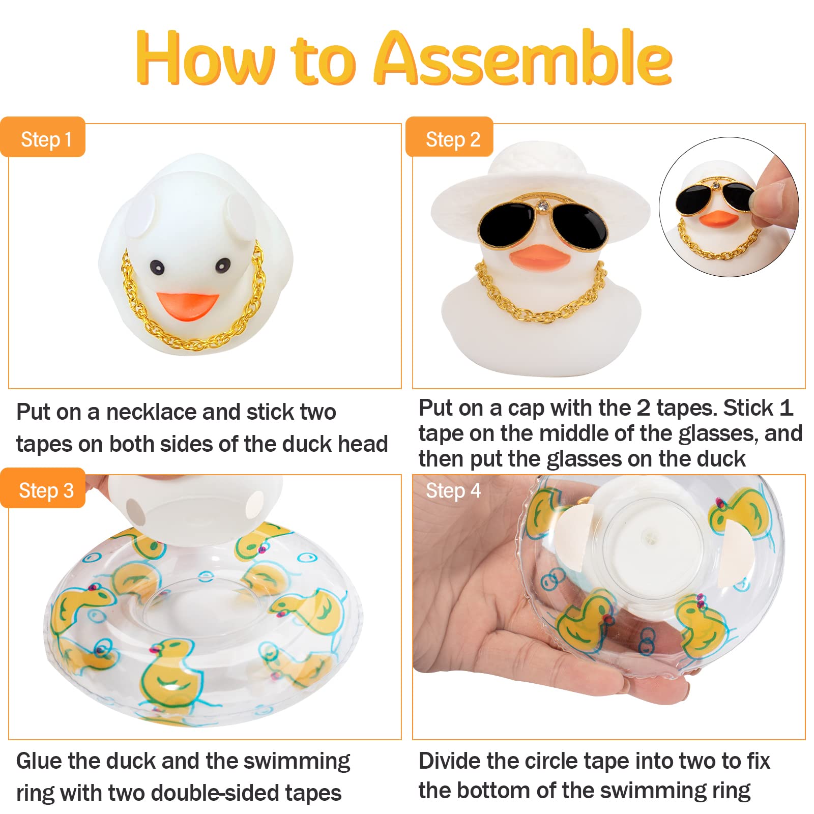 wonuu Diamond Glasses White Ducks Swim Ring Rubber Ducks with Mini Hat Necklace for Cars Dashboard Decorations Car Ornaments Duck Car Accessories