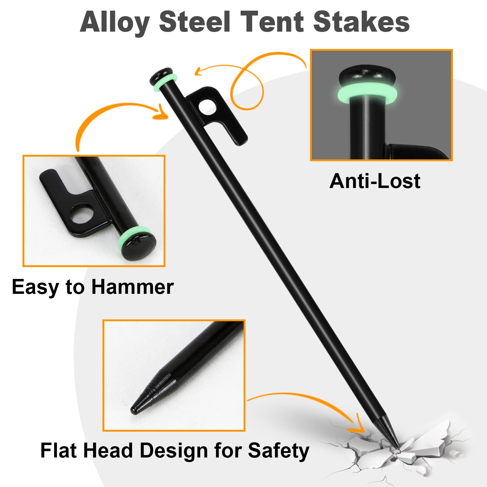 OUDEW Tent Stakes and Hammer Set,10pcs 10 in Heavy Duty Metal Tent Stakes + 12in Camping Hammer + Reflective Camping Rope + Storage Bag,Camping Accessories for Ground,Camp and Graden(Black)