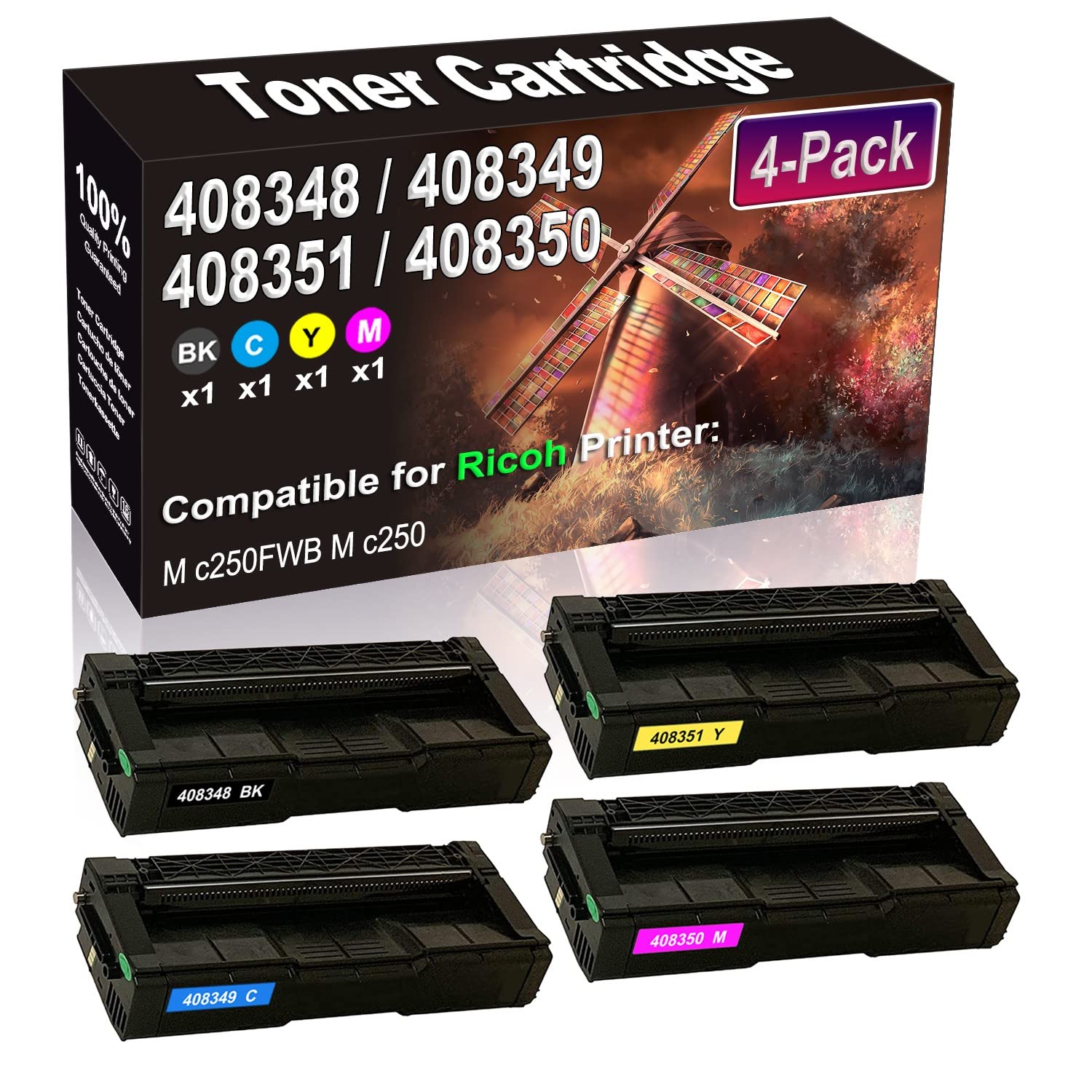 Kolasels 4-Pack (BK+C+Y+M) Compatible M C250 408348 408349 408351 408350 Toner Cartridge (High Yield) to Used for Ricoh M c250FWB M c250 Printer