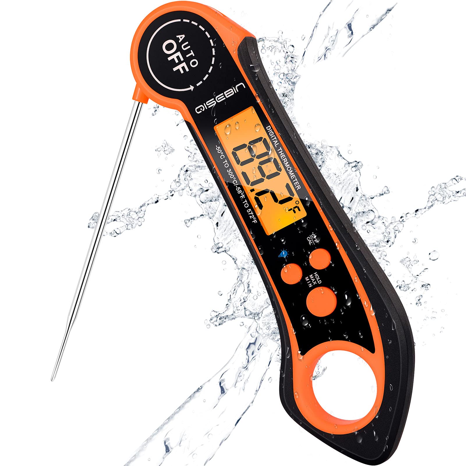 Qisebin Digital Meat Thermometers for Cooking Grilling - IPX7 Waterproof Instant Read Food Thermometer for Meat, Deep Frying, Baking, Outdoor & BBQ (Orange)