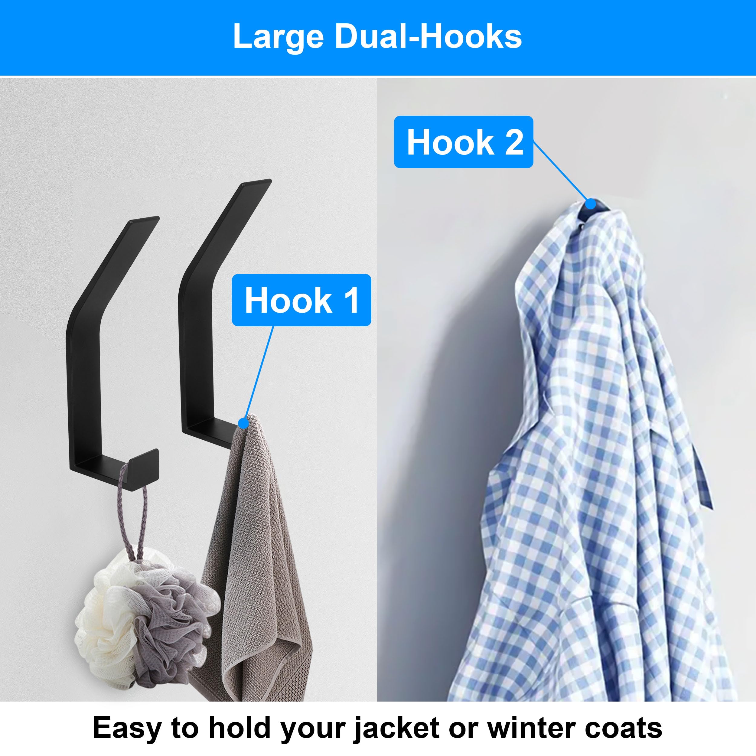 Zlylefun Coat Rack Hooks Wall Mounted, Black 4Packs, Bath Towel Rope Hooks for Kitchen, Door, Cabinet, Bathroom, Foyers, Hallways, and Bedrooms