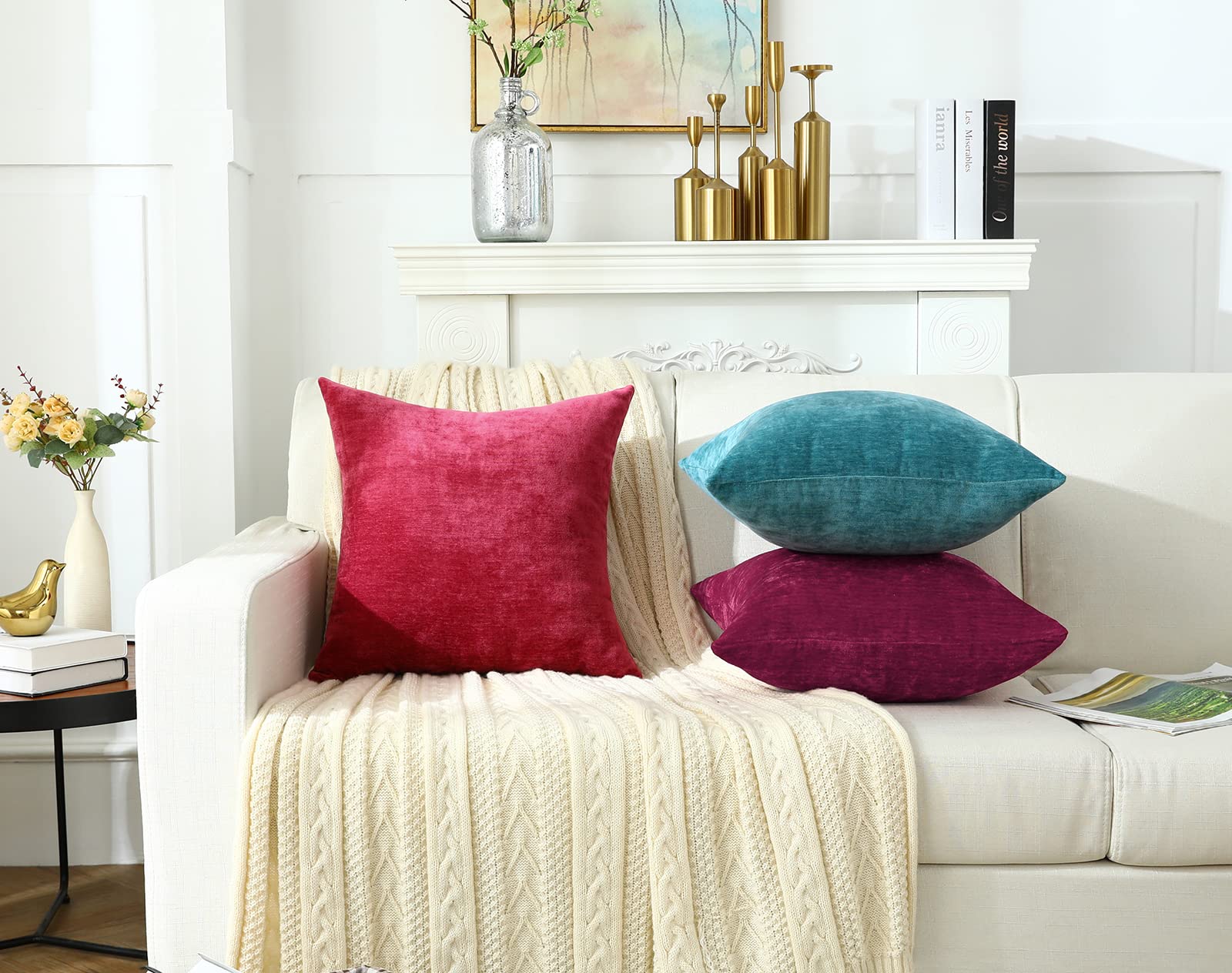 Jeneoo Decorative Fuschia Pink Throw Pillow Covers Rustic Farmhouse Super Soft Square Chenille Comfy Solid Cushion Couch Cases for Sofa Bedroom Chair (Set of 2, 18 x 18 Inches)
