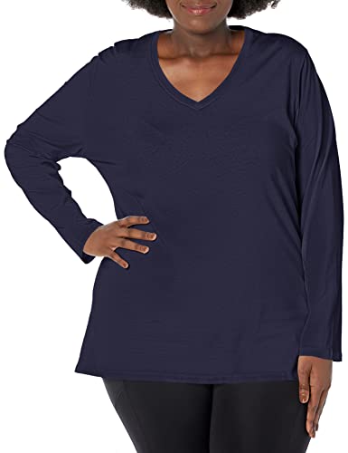 JUST MY SIZE womens Just My Size Women's Plus Size Vneck Long Sleeve Tee Shirt, Hanes Navy, 3X US