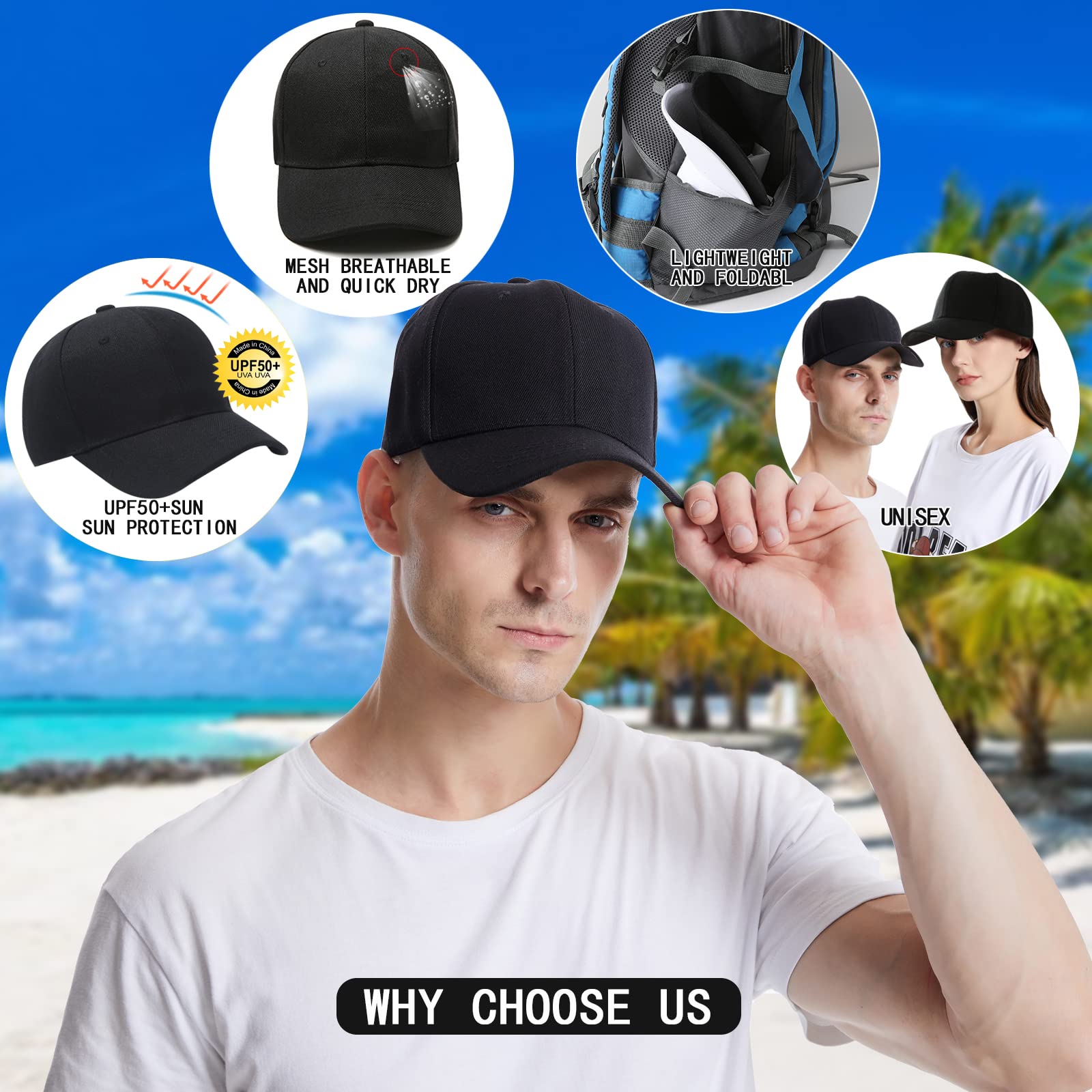 PLIOPYIK White Black Baseball Cap, Unisex Adjustable Womens Mens Baseball Cap Golf Dad Hat