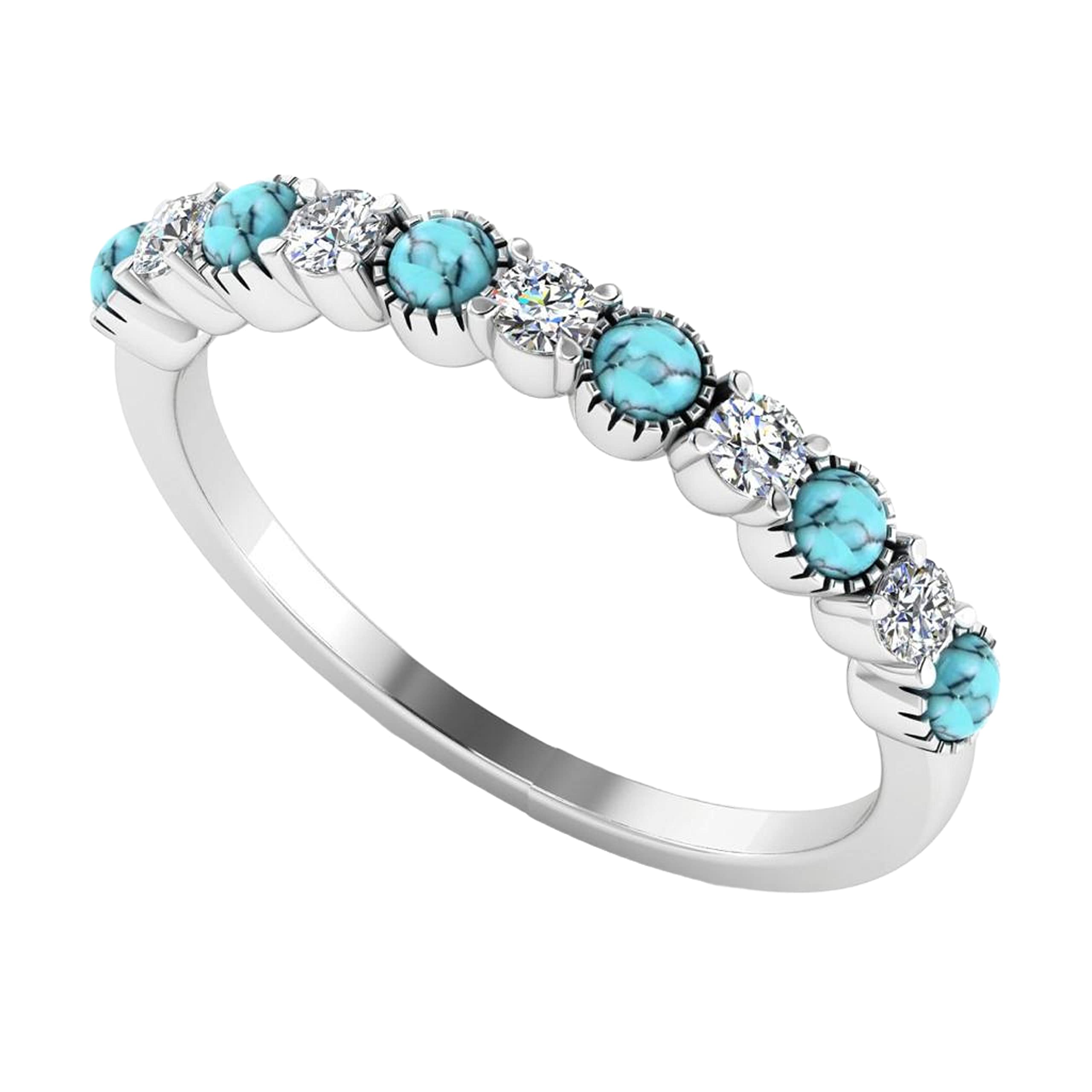 Natural Turquoise Birthstone Half Band Ring 925 Sterling Silver Wedding Band Art Deco Boho Turquoise Ring By JEWELOVESTORE (7, White)