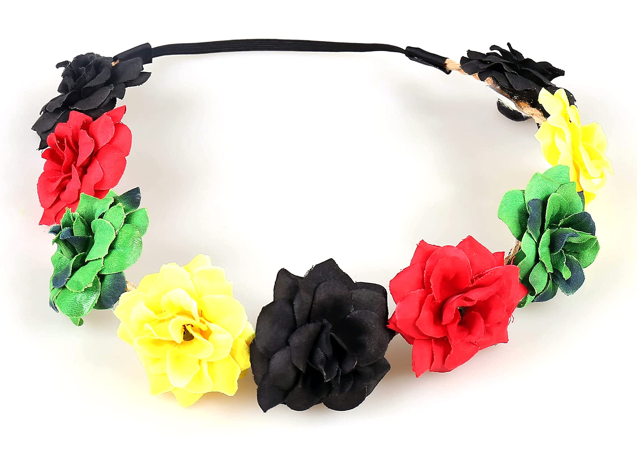 KIWI DAISY Black Red Green Yellow Rasta Floral Flower Crown Stretch Headband, Black, Red, Green, Yellow, One Size