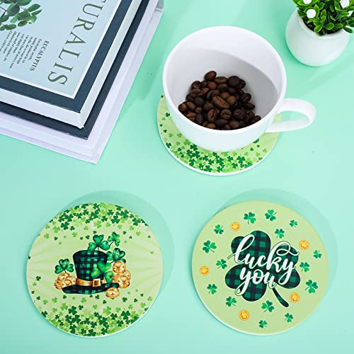 Whaline St. Patrick's Day Coaster 4Pcs Watercolor Green Lucky Shamrock Truck Hat Drink Coaster Irish Ceramic Coaster Cup Mat for Mugs Cups Home Kitchen Party Supplies, 4.1 x 4.1 x 0.3 Inch