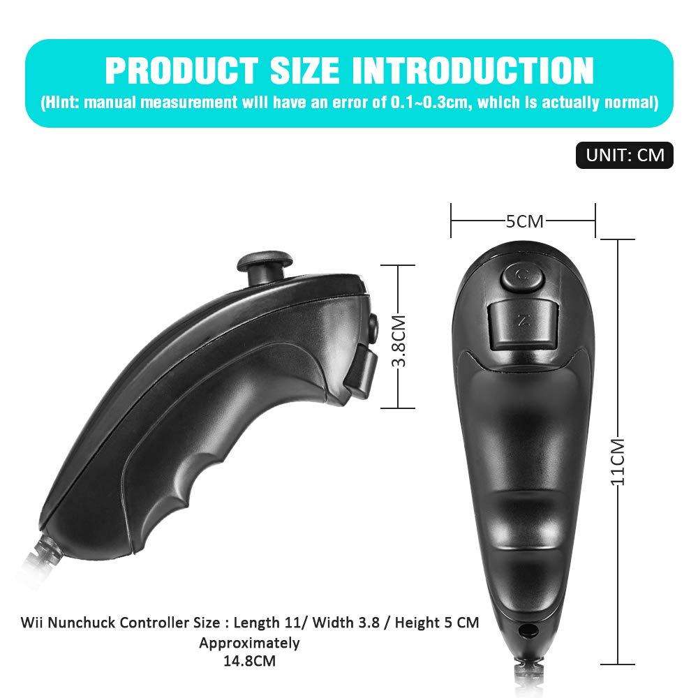 KIWITATA 2 Pack Wii Nunchuck Controllers, Nunchuk Remote Jostick Game Controller Replacement for Wii Wii U Video Game Console Black