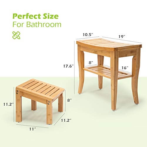 OasisCraft Bamboo Shower Bench with Foot Stool, 2-Tier Wood Spa Bath Organizer Seat with Underneath Storage Shelf, Wooden Bath Chair for Inside Shower, Small Bathroom Stool with Free Soap Dish