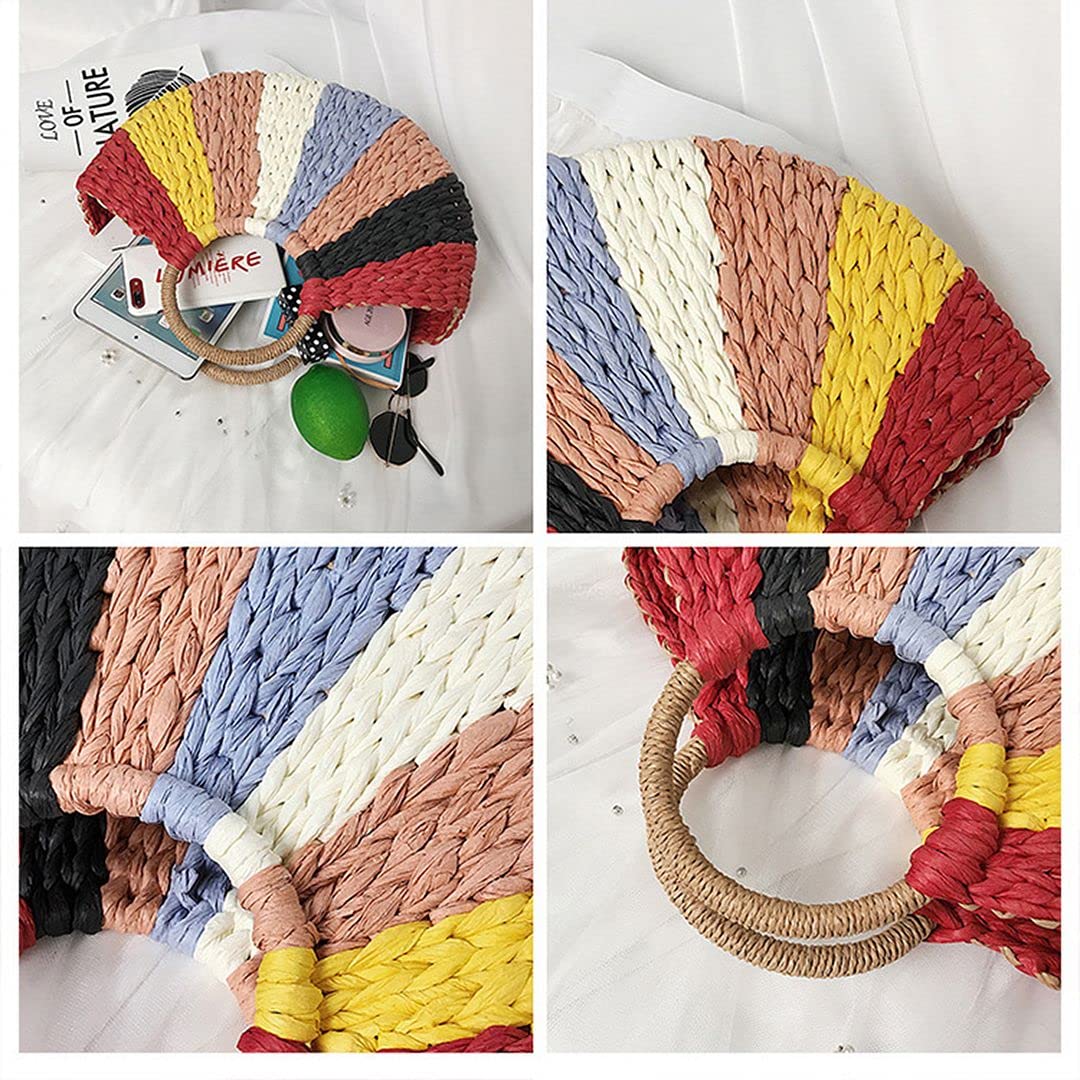 QZUnique Straw Rainbow Handbags Women’s Cotton Crochet Hand-Woven Tote Bag Top Handle Casual Shoulder Messenger Portable Bag