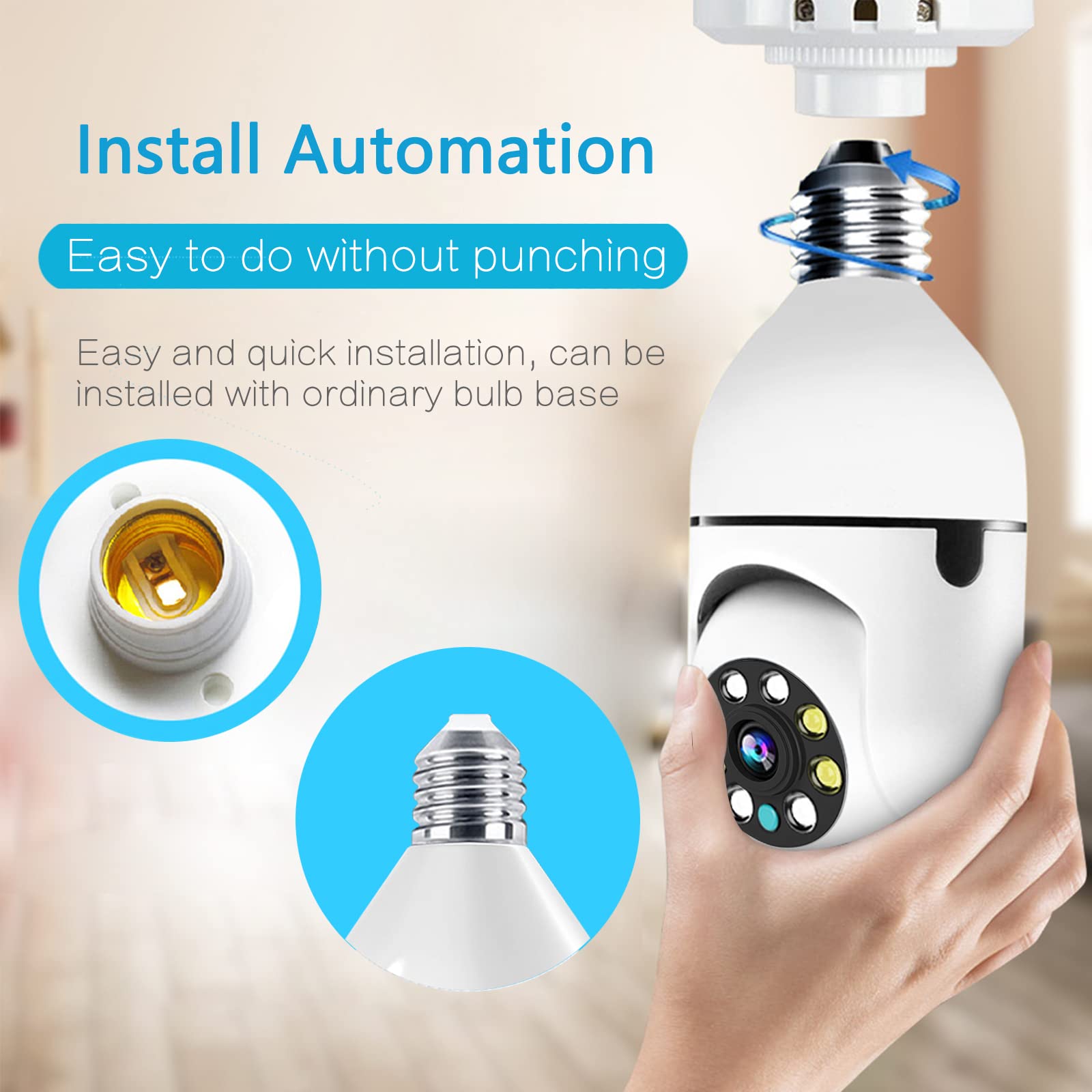 Light Bulb Camera, 360° Panoramic IP Camera, 2MP HD Picture Quality, Adjustable Vertical 90°Horizontal 355°, with Night Vision,Alarm Function,Motion Detection Tracking,Two Way Talk,Alexa Compatible