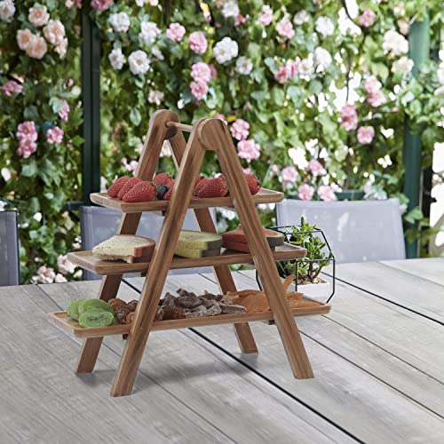 Wooden Tiered Serving Tray Wood 3 Tier Trays Stand Rectangular Cupcake Platters Collapsible Detachable Dessert Cake for Fruit Appetizers Tea Party Entertaining Food Buffet Wedding Farmhouse Decorative