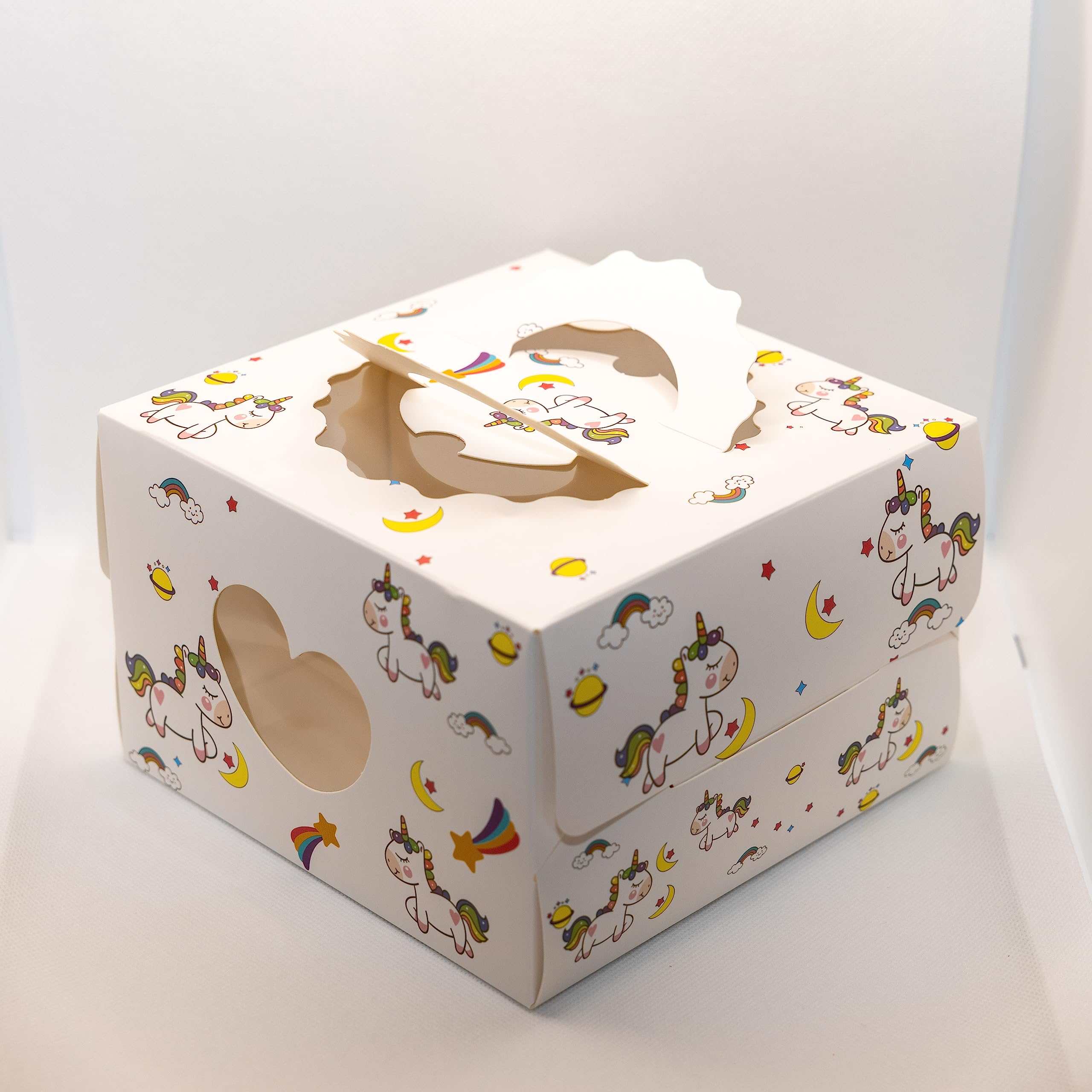 Joyful Harts - Bento Cake Box - with cake board & handle - mini cake gift boxes - cupcake box - muffin box - 10 pieces 6x6x4 inches - disposable mini cake carrier (White-Unicorn)