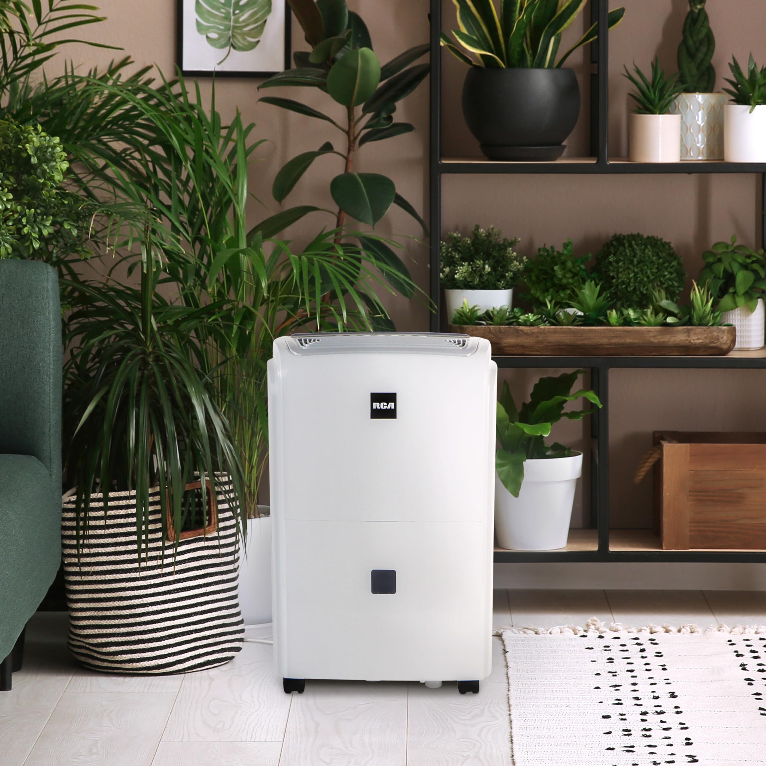 RCA 35-Pint Portable Dehumidifier, 115V, with Auto-Shutoff & Timer, Home Dehumidifier and Moisture Absorber For Basement, Garage, Living Room, White