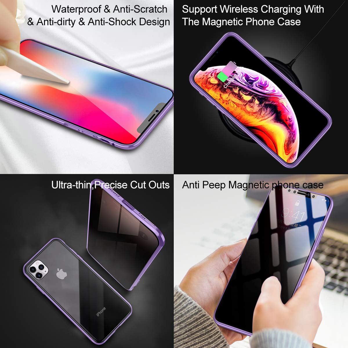Magnetic Case for iPhone 11, Anti Peep Magnetic Adsorption Double-Sided Privacy Screen Protector Clear Back Metal Bumper Antipeep Cases Anti Peeping 2 Sided Cover for iPhone 11 6.1 Inch-Purple