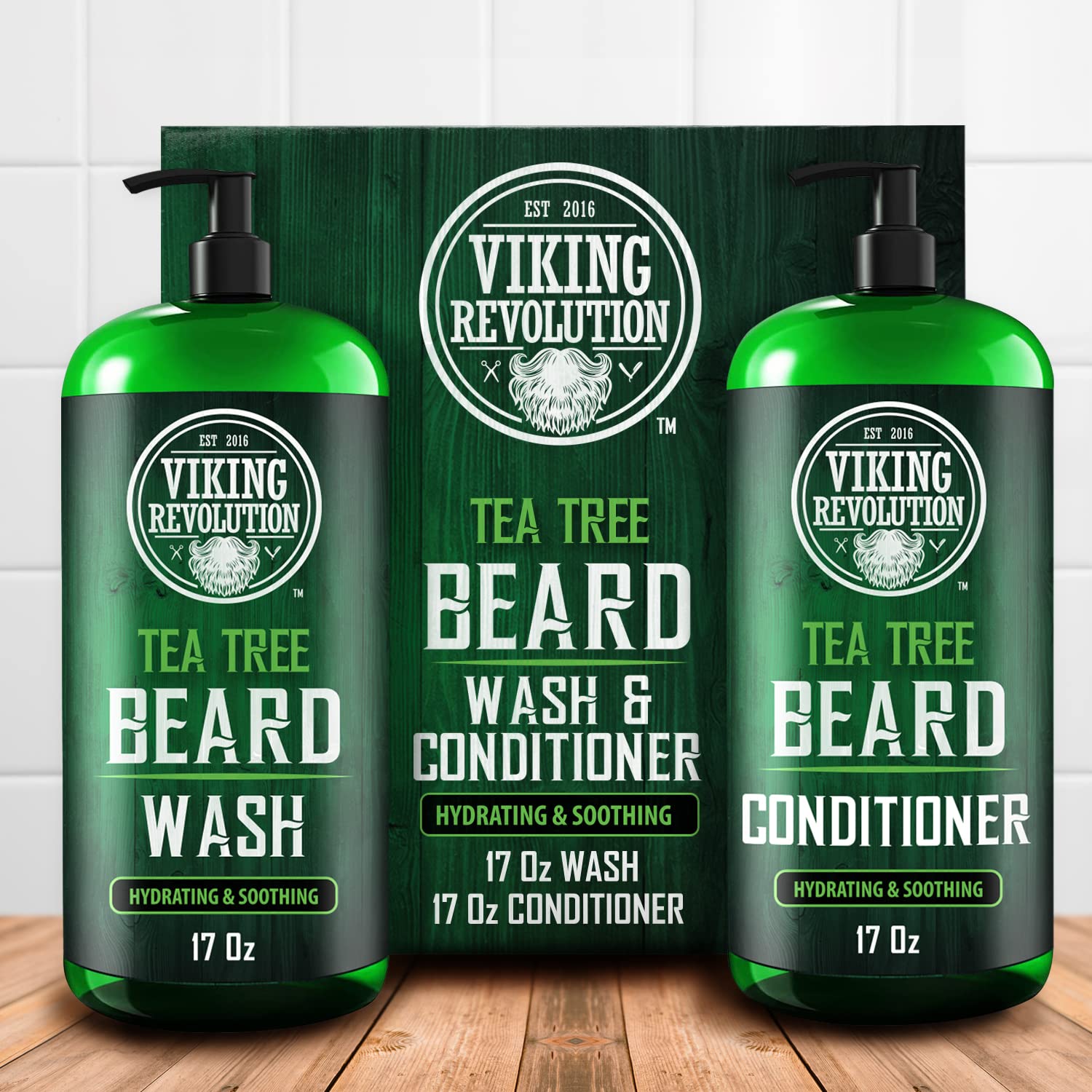 Viking Revolution Tea Tree Oil Beard Wash and Beard Conditioner For Men - Natural Beard Softener Set with Argan Oil, Vitamin E and Ginseng - Beard Shampoo and Conditioner Set (17 Oz)