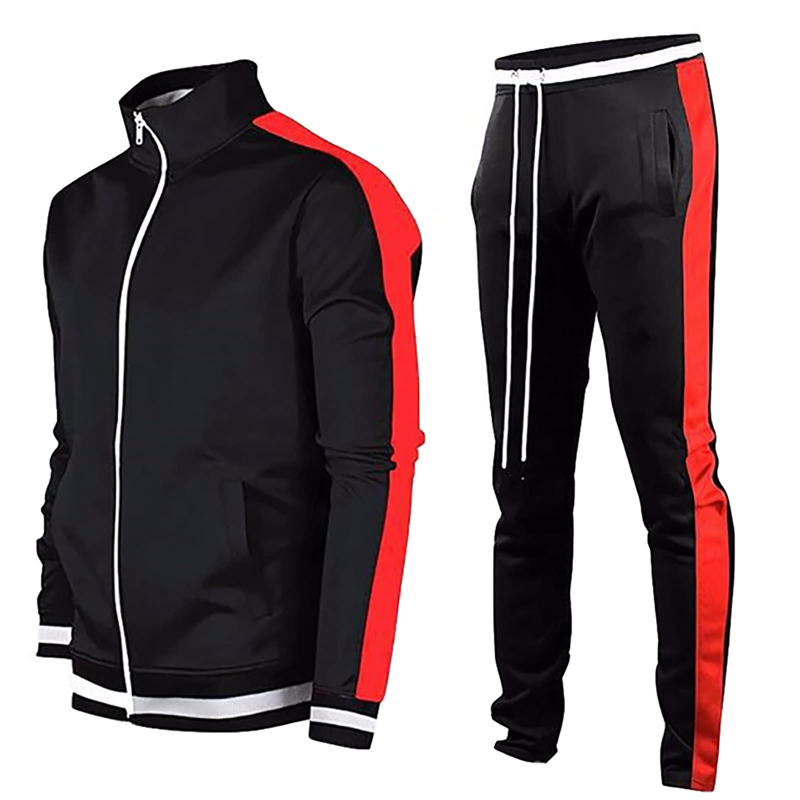 LeerKing Men's Tracksuit Activewear Joggers Sports Set Full Zip Sweat Suit for Training Workout Youth Teens,Black & Red,M