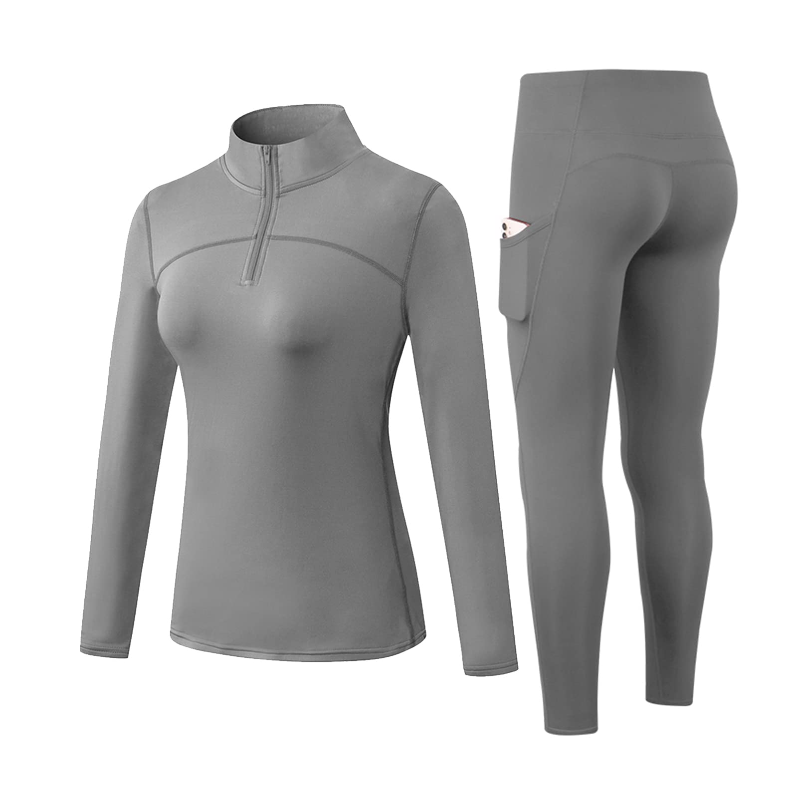 Odoland Thermal Underwear for Women, Winter Warm Skiing Base Layer Set Mock Turtleneck Sport Top & Bottom Light Grey