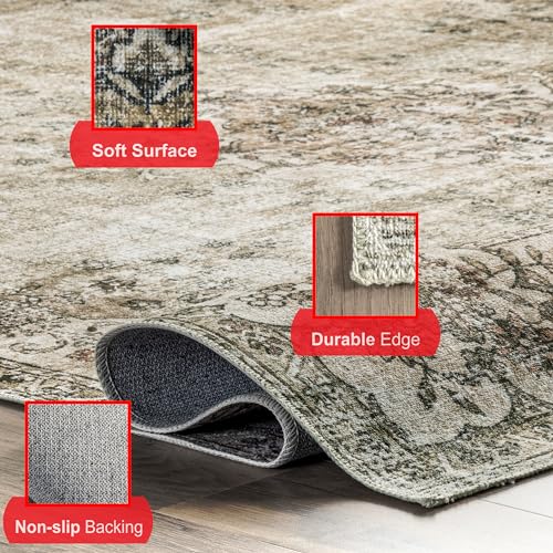 nuLOOM Paisley Machine Washable Faded Floral Border Medallion Ultra Thin Area Rug, 8' x 10', Beige