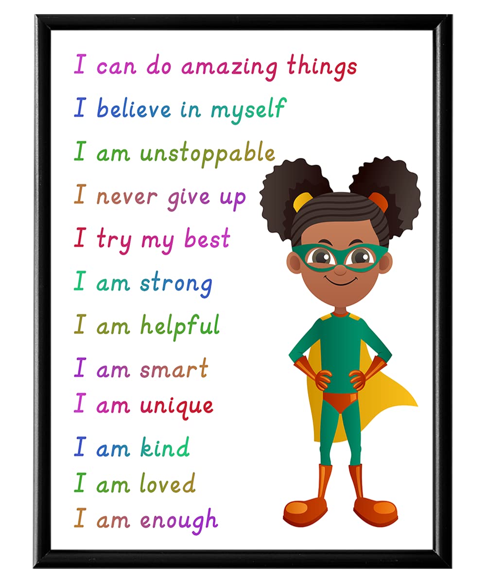 Superhero Motivational Wall Art - Colorful Inspirational Wall Decor - Positive Quotes for African American Girls Room - Self affirmation Gift for Toddler Kid Children Daughter - You Are Enough Print