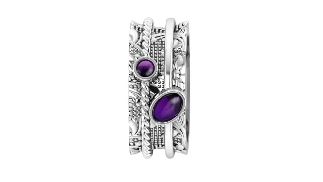 NYZA JEWELS Spinner Ring with Amethyst 925 Sterling Silver | Fidget Band Meditation Ring Beautiful Texture | For Men & Women Anxiety Stress Relieving (White, 11)