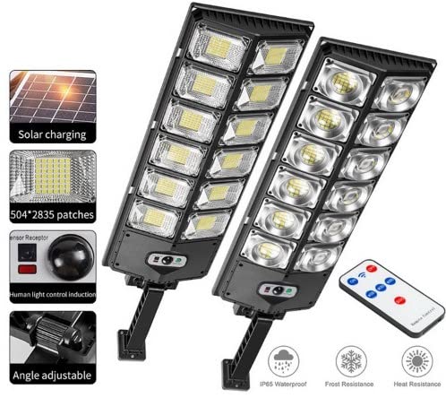 Solar Outdoor Lights, 504 LED 65000LM 2000 Watt, Waterproof Street Light with Motion Detection, Remote Control, Dusk to Dawn Feature, 2 Pack