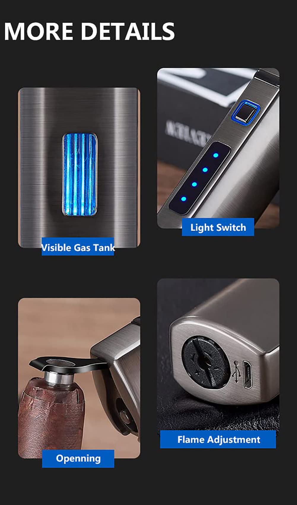 Jet Torch Lighter, Windproof Butane Lightr with LED Light USB Rechargeable Lighters, Great Gift Idea for Men Women (Butane Not Included) (One Size,Silver)
