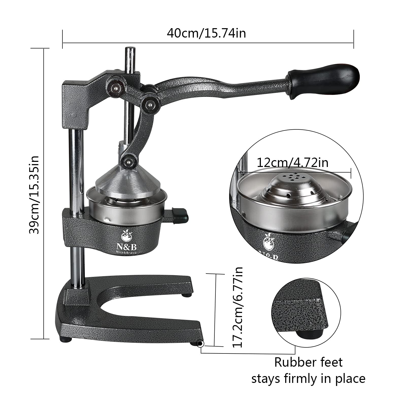 N&B NICE&BRAVO Professional Commercial Grade Hand Juicer,Manual Citrus Press Orange Squeezer Heavy Duty Manual Orange Juicer Metal Lemon Squeezer Premium Quality Upgrade,Grey