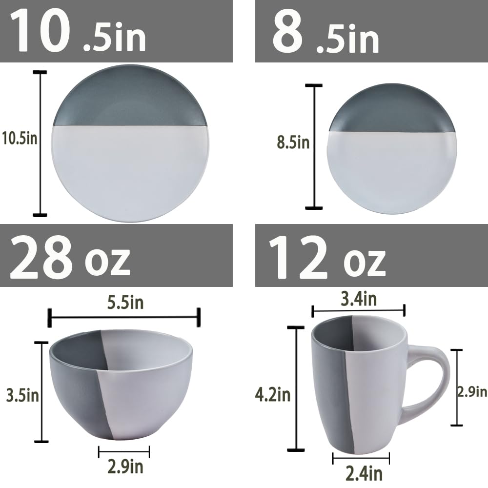 Lerinseu Round Dinnerware Set, 16 Piece Dishes set with 4-Piece Dinner Plates, Dessert Plate,Bowls and Mugs, Plate and Bowls set,Service for 4,Safety for Microwave & Dishwasher(Grey white)