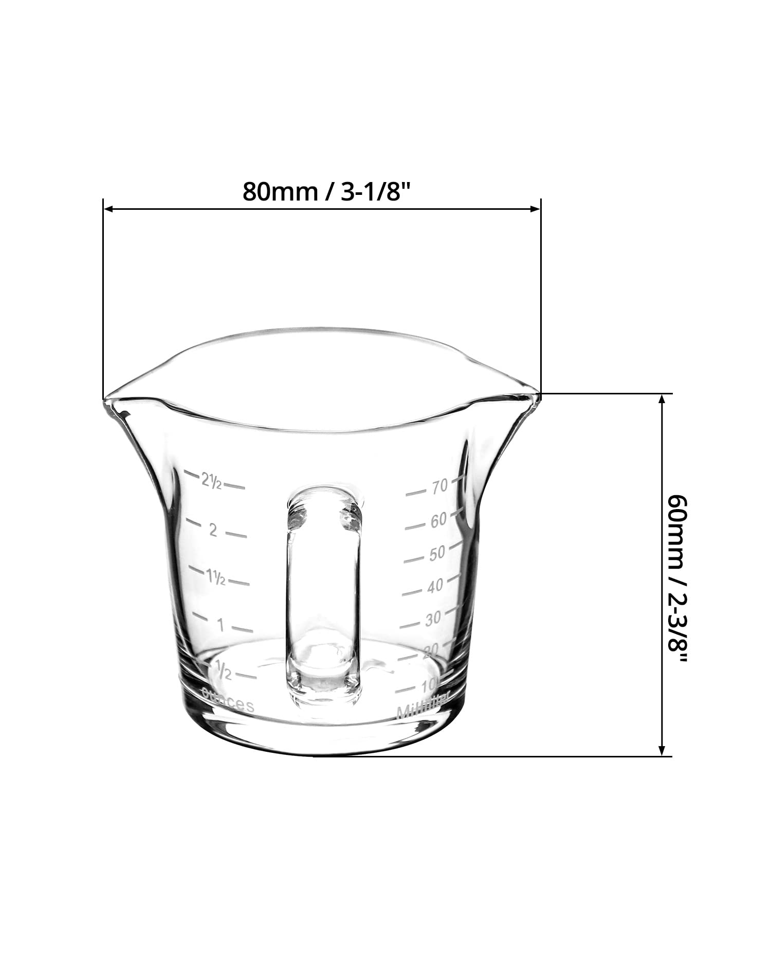 QWORK Espresso Shot Glass with Handle, 2 Pack 3-Ounce Double Spout Glass Measuring Cup Triple Pitcher Milk Cup with Two Scales (OZ&ML)