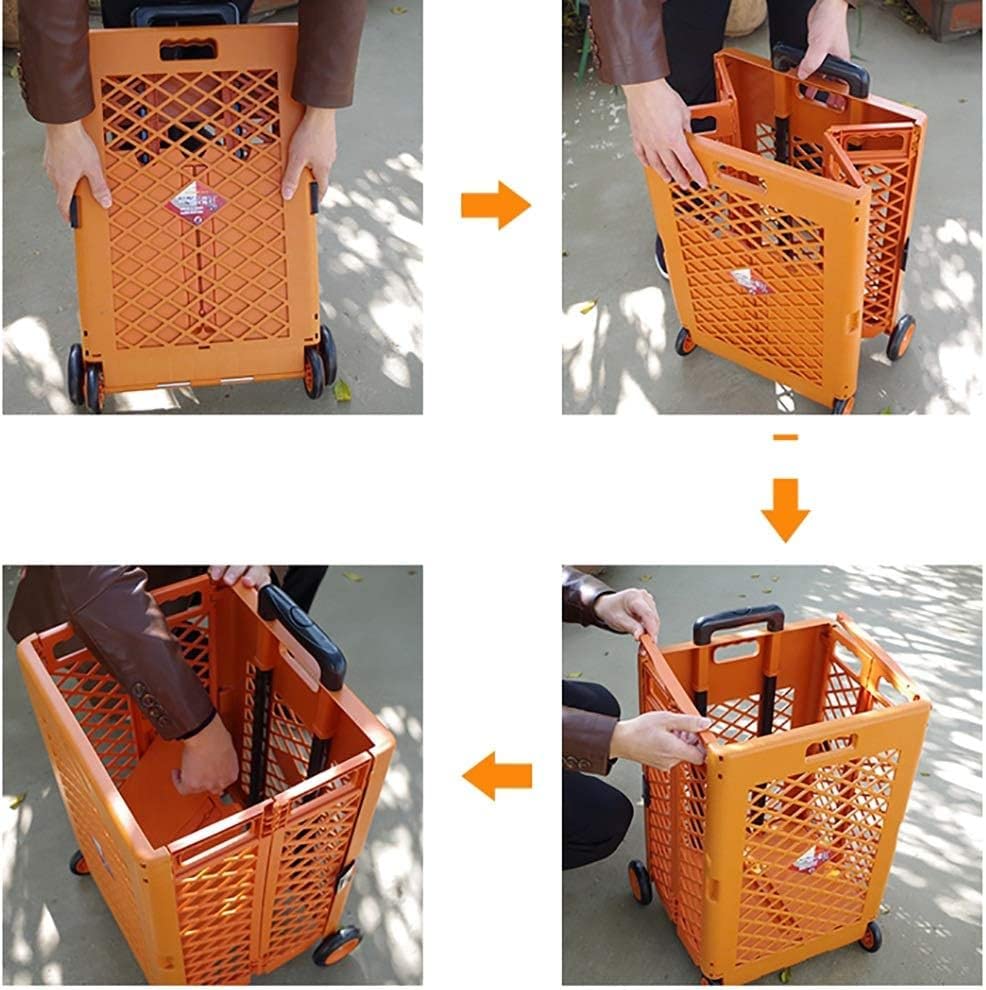 RAZZUM Large Hand Trucks,Plastic Folding Supermarket Shopping Cart Portable Trolley Car Luggage Push Storage Box Storage Box Trolleys/Orange