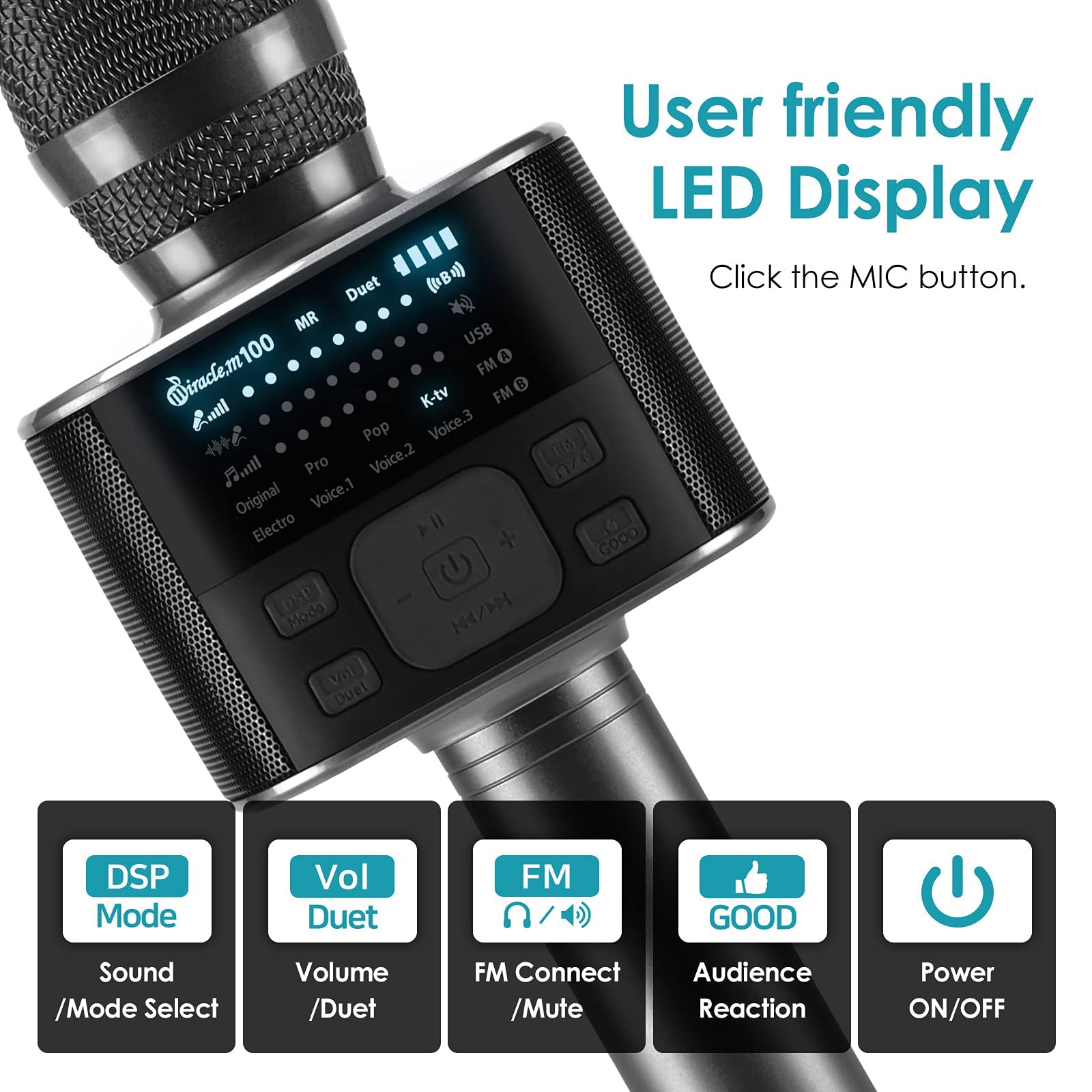 M100 - Bluetooth Karaoke Microphone, Carpool Karaoke Microphone, Bluetooth Microphone Wireless, Portable Handheld Karaoke Mic and Speaker with LED Screen, Wireless Microphones for Kids and Adults