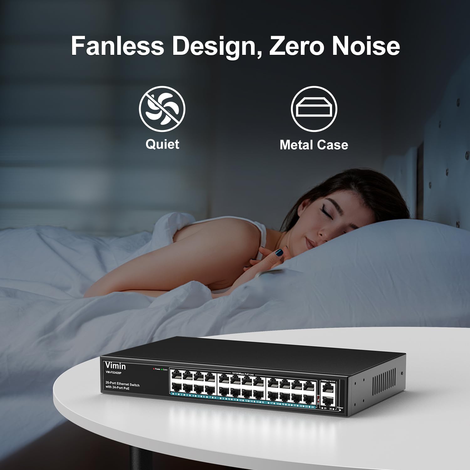 VIMIN 24 Port PoE Switch with 2 Gigabit Uplink Ports, 24 Port 10/100Mbps PoE Network Switch Unmanaged Support IEEE802.3af/at, Extend 250m, Vlan, 320W PoE Budget, Metal Case, Rackmount