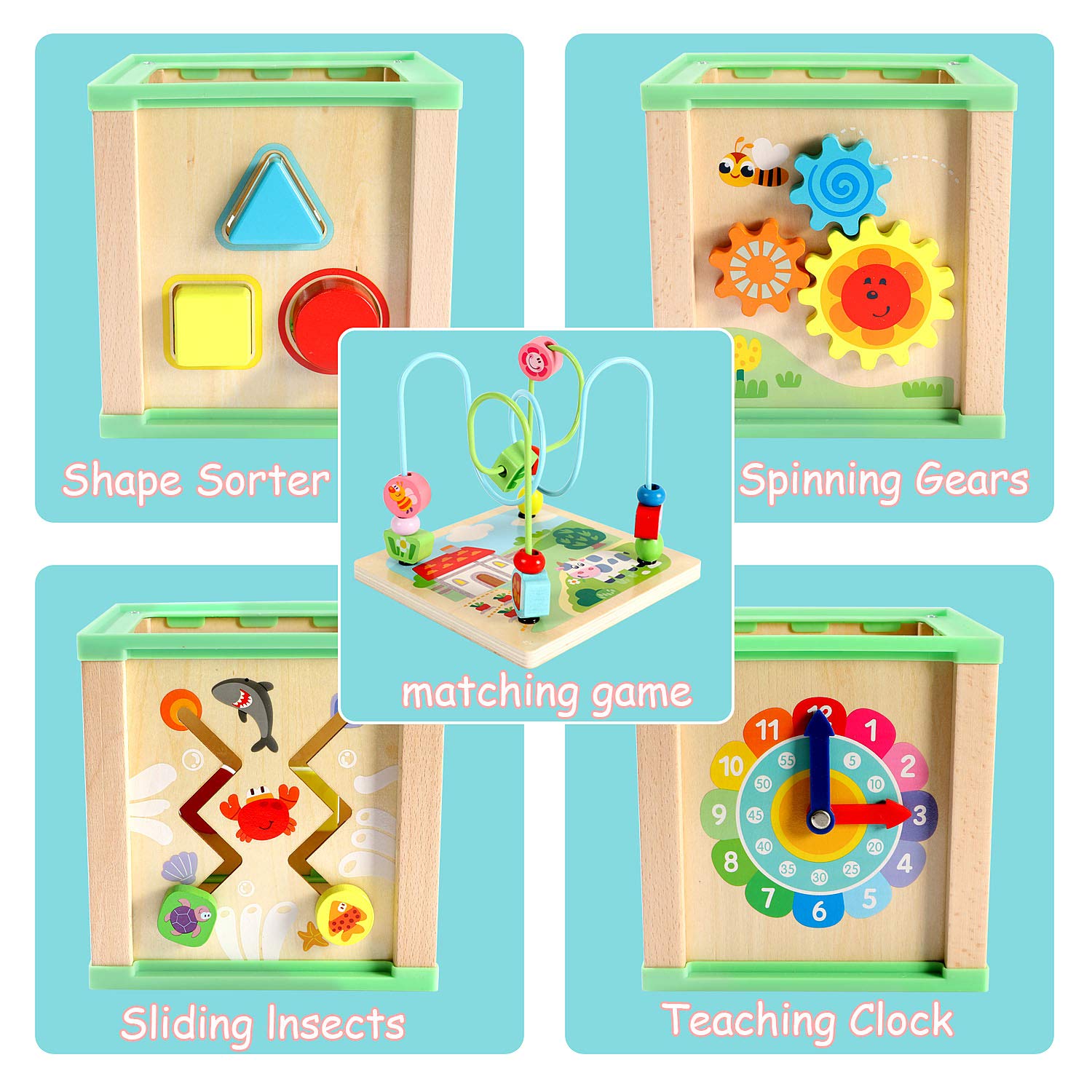 Lewo Wooden Activity Cube Bead Maze Shapes Sorter Educational Toys for Toddler Kids