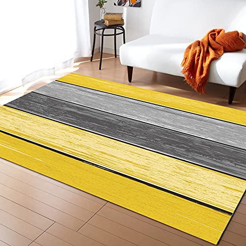 Yellow Grey Ombre Area Rugs for Living Room/Bedrooom, 4'x6' Area Rug Non-Slip, Farmhouse Wooden Striped Abstract Aesthetics Kids Room Area Rug Washable Accent Floor Carpet Runner Indoor Outdoor