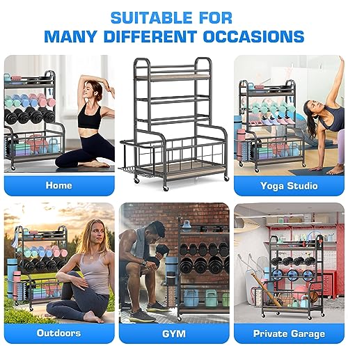 Yoga Mat Storage Rack, Home Gym Storage Yoga Mat Organizer Holder, Sehloran Dumbbell Rack With Hooks and Wheels, Weight Rack for Dumbbells and Kettlebells, Workout Equipment Weight Stand for Home Exercise and Fitness Gear (Metal)