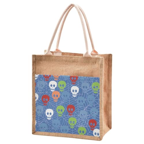 Jute Burlap Tote Bag Blue Skull Halloween Spider Web Striped Large Capacity Reusable Grocery Shopping Storage Bag