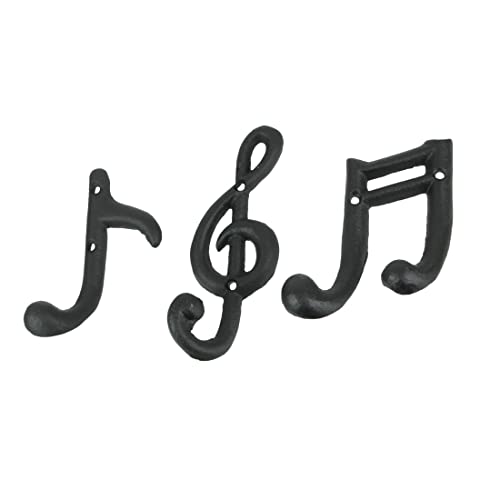 Zeckos Harmonious Melodies - Set of 3 Black Finish Cast Iron Musical Note Wall Hooks for Decorative Music Room Ensemble - 6 Inches High - Elegant Home Decor Accent