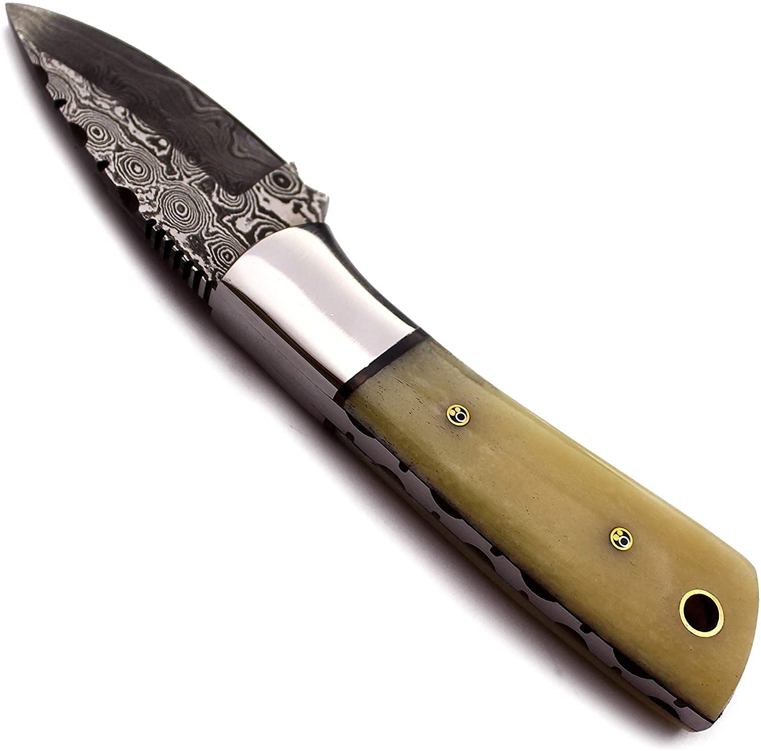MAAN Handmade Damascus Fixed Blade Knife - Bone Handle for Survival, Tactical, Camping - Damascus Steel Hunting Knife with Leather Sheath - MNK101