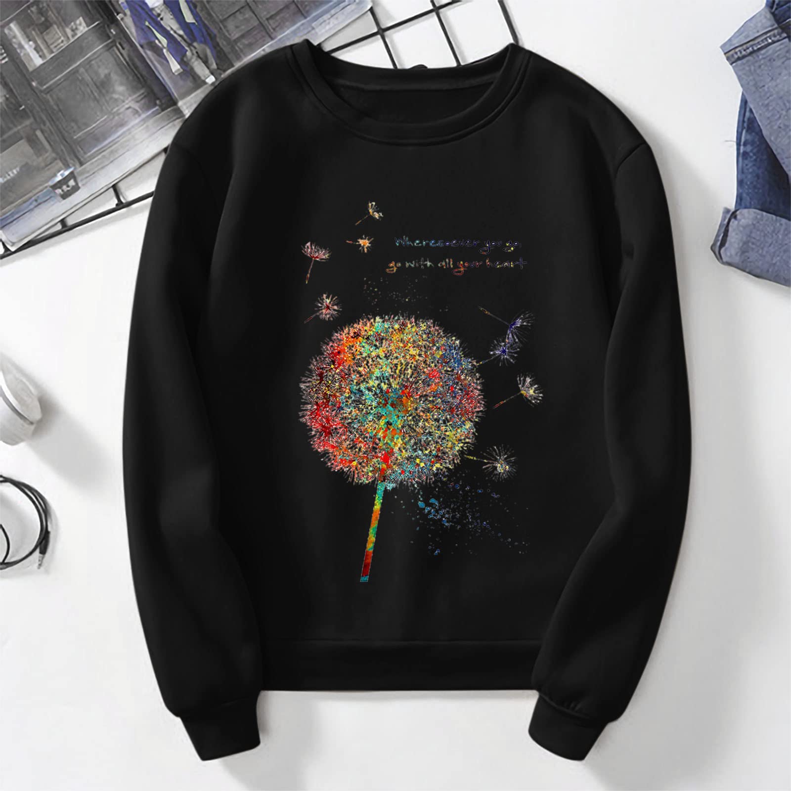 Tops For Women Work Casual Cute Elk Pattern Blouse Large Size Slouchy Sweatshirt Drop Shoulder Pullover Baseball T-Shirt Black